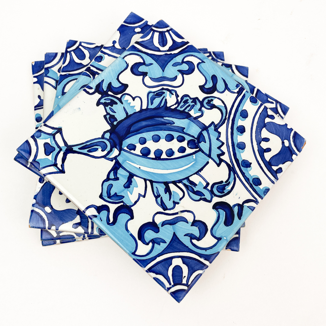 Fire håndmalede blå fliser - Håndarbejde & DIY - Art Nuvo - Antik & Vintage
